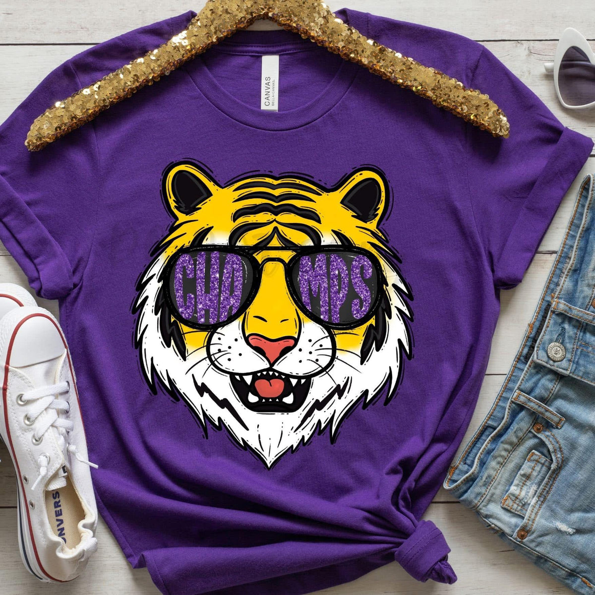 KBD OG Mascots Wearing Sunglasses TIGERS CHAMPS PURPLE GLITTER – KB Designs