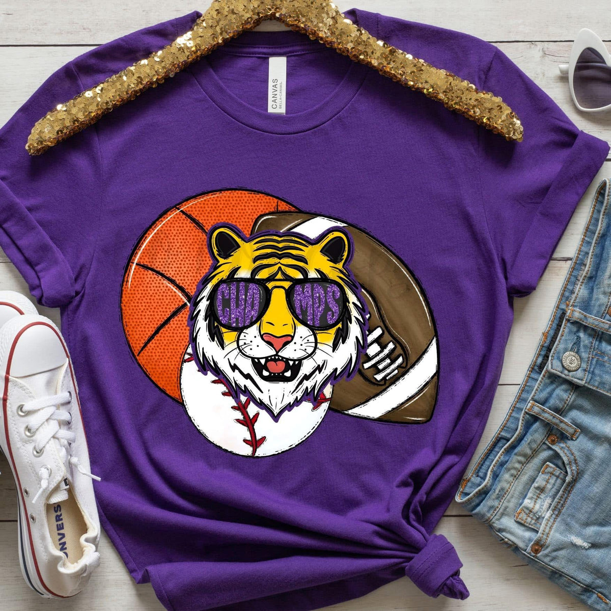 TIGERS CHAMPS With Purple Glitter & Sports Balls Wearing Sunglasses Di ...